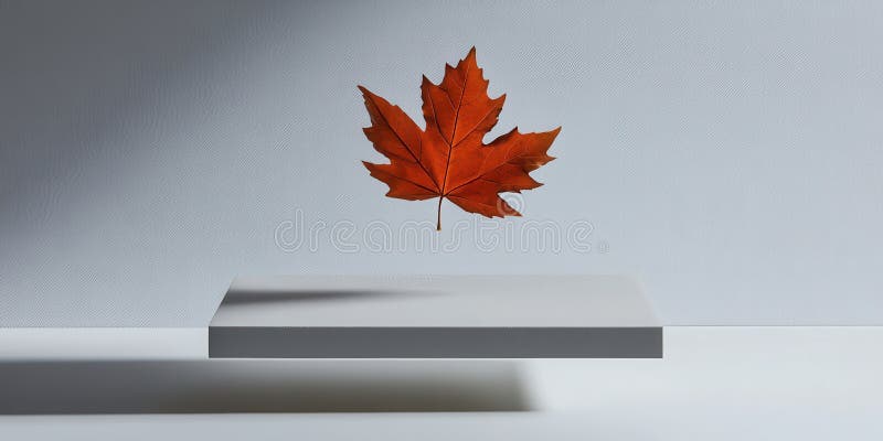 Single Autumn Maple Leaf Floating Above Minimalist Platform Background ...
