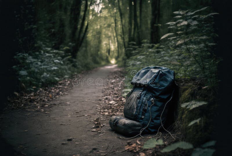Single Backpack in the Middle of Nowhere on a Lonely Road or Path in ...