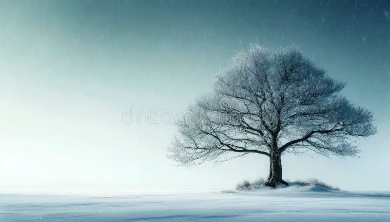 Single Bare Tree on Snowy Landscape while it Snows - Generative Ai ...