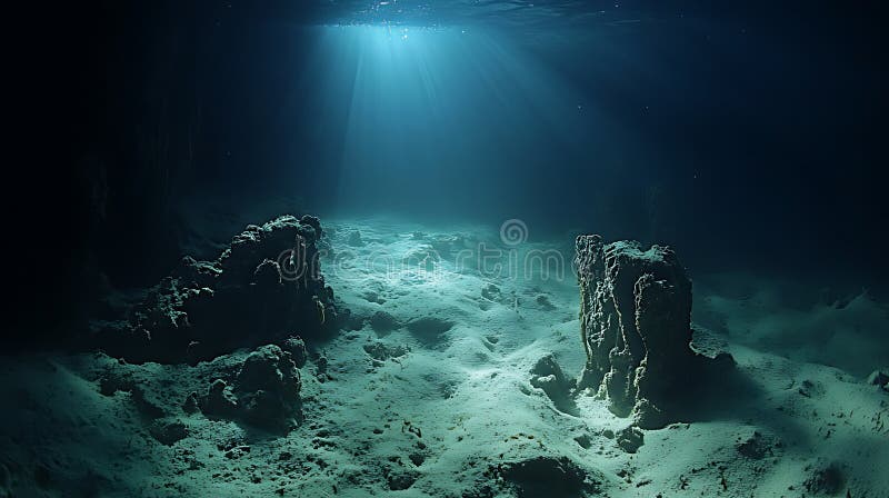A Single Beam of Light Shines Down on a Dark and Mysterious Ocean Floor ...