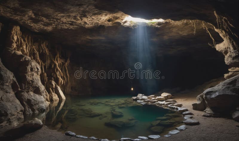 A Single Beam of Light Shines Down from the Opening of a Cave Onto a ...
