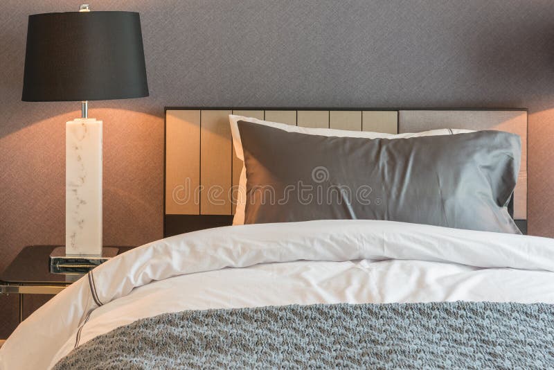Single Bed with Black Lamp in Classic Style Bedroom Stock Image - Image ...