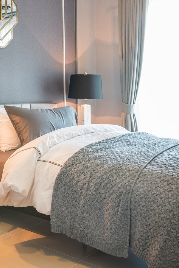 Single Bed with Black Lamp in Classic Style Bedroom Stock Image - Image ...