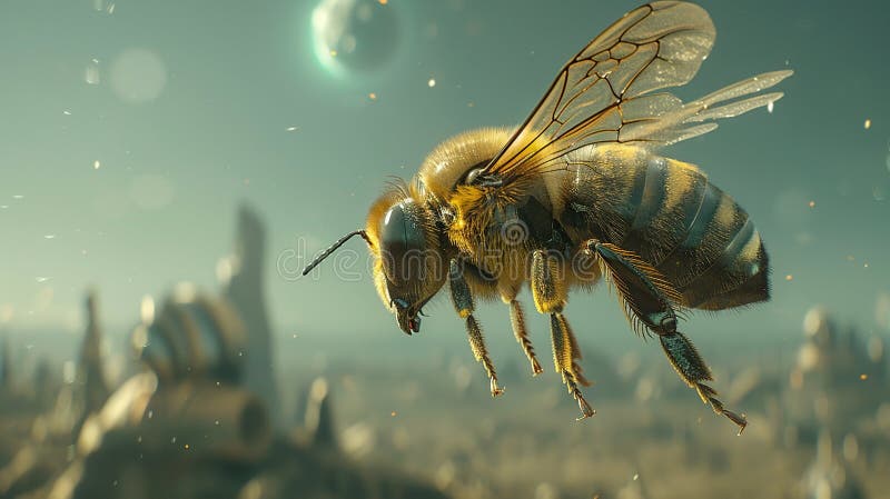 A Single Bee Flies through a Surreal, Alien Landscape, with Large Rocks ...