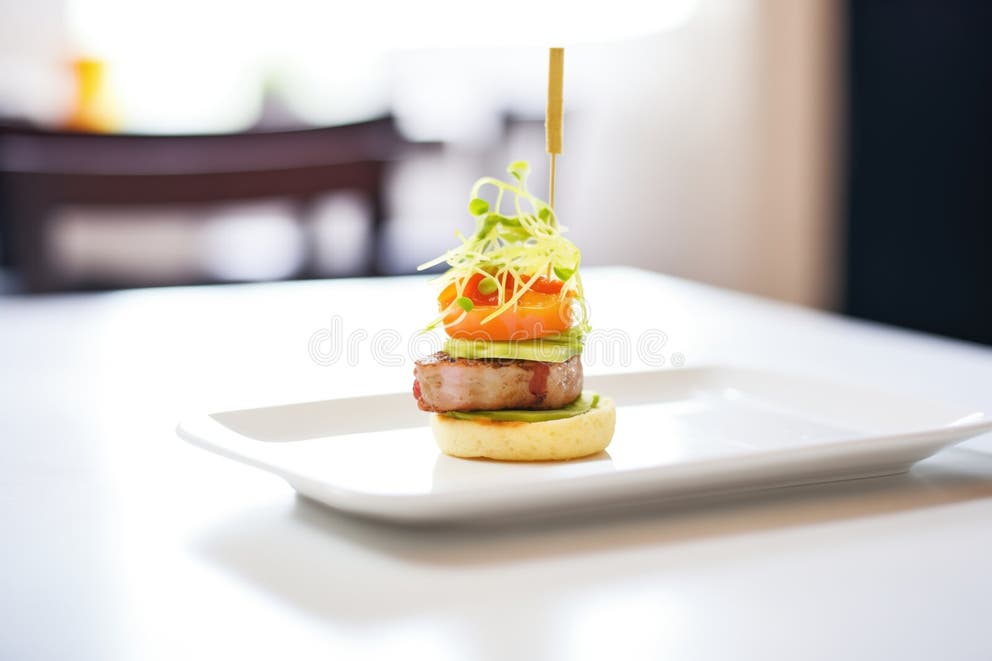Single Beef Slider on a White Plate, Simple Presentation Stock Photo ...