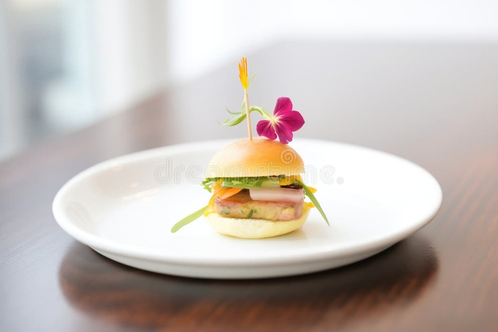Single Beef Slider on a White Plate, Simple Presentation Stock Photo ...