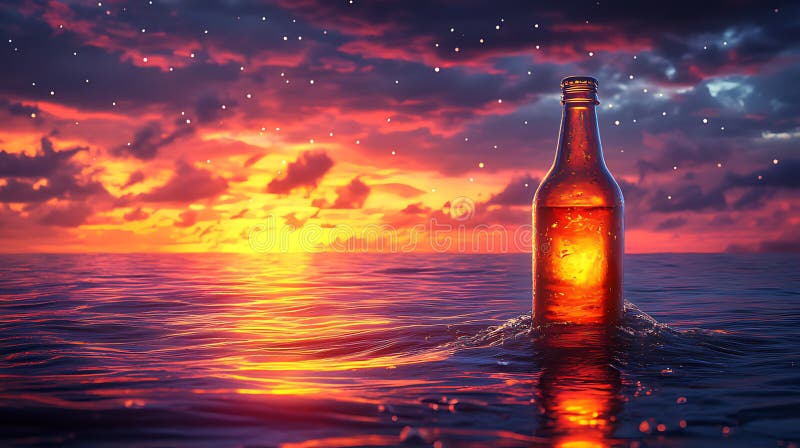 A Single Beer Bottle Floats in the Ocean at Sunset, with a Dramatic Sky ...