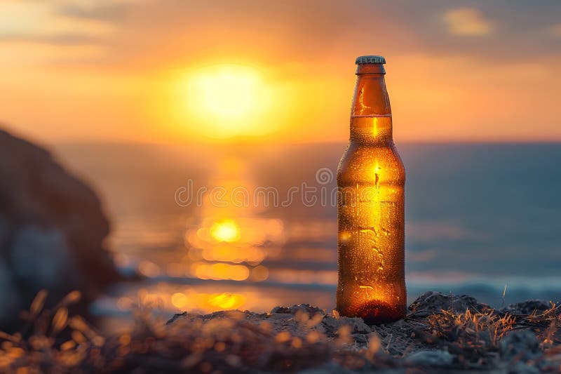 A Single Beer Bottle with a Sunset in the Background Stock Photo ...