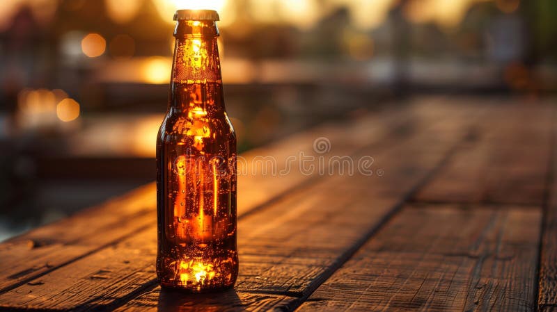 A Single Beer Bottle on a Wooden Table at Sunset Stock Photo - Image of ...