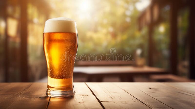 Single Beer Glass on a Wooden Table with Sunlight Streaming through ...