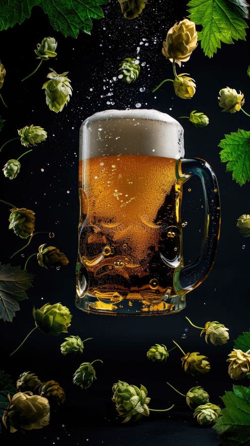 Single Beer Mug with Golden Beer, Surrounded by Hops and Leaves, Dark ...