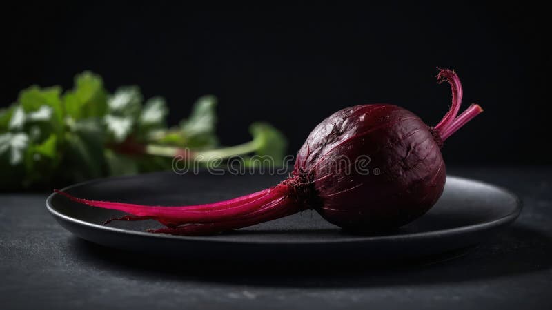 A Single Beetroot on a Black Plate with Green Leaves in the Background ...
