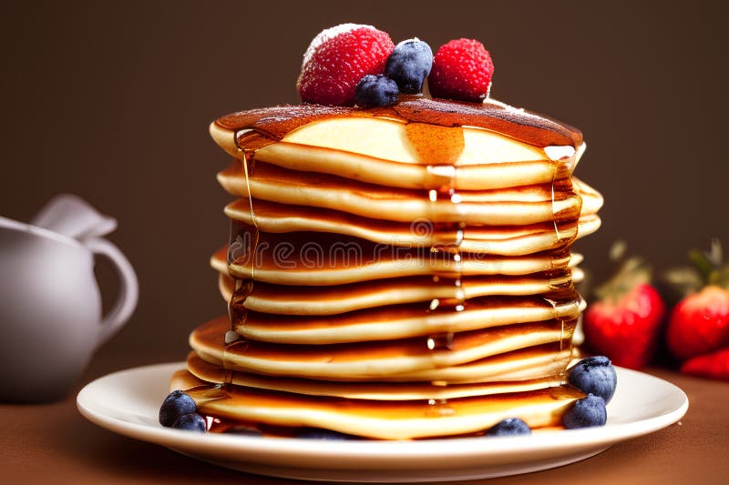 A Single Big Stack of Pancakes Topped with Fresh Fruits and Syrup on a ...