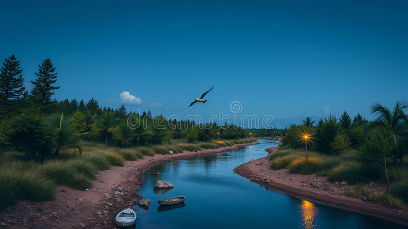 A Single Bird Flies Over a Calm River in the Evening Stock Illustration ...