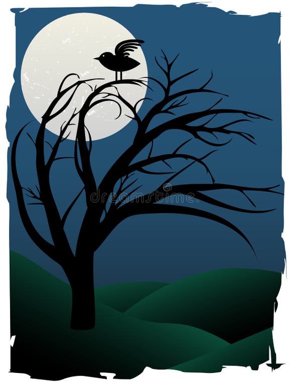 Single Bird Sits on Creepy Curvy Tree at Night Stock Vector ...
