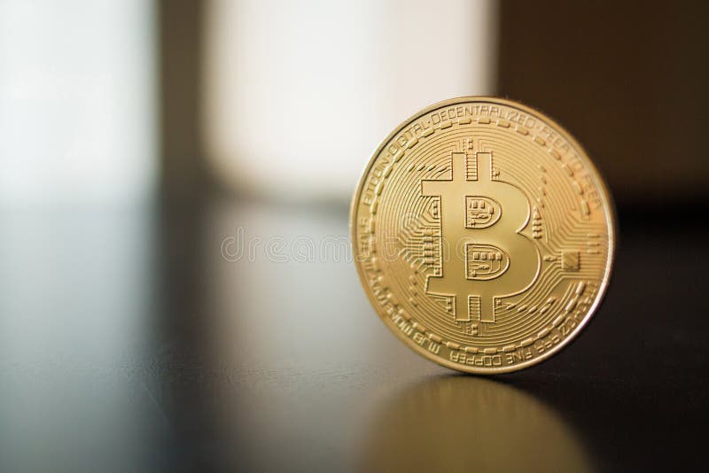 Single Bitcoin Coin Close Up on the Surface Stock Photo - Image of fake ...