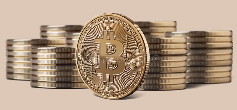 Single Bitcoin Coin Standing in Front of Stacks of Coins Stock Image ...