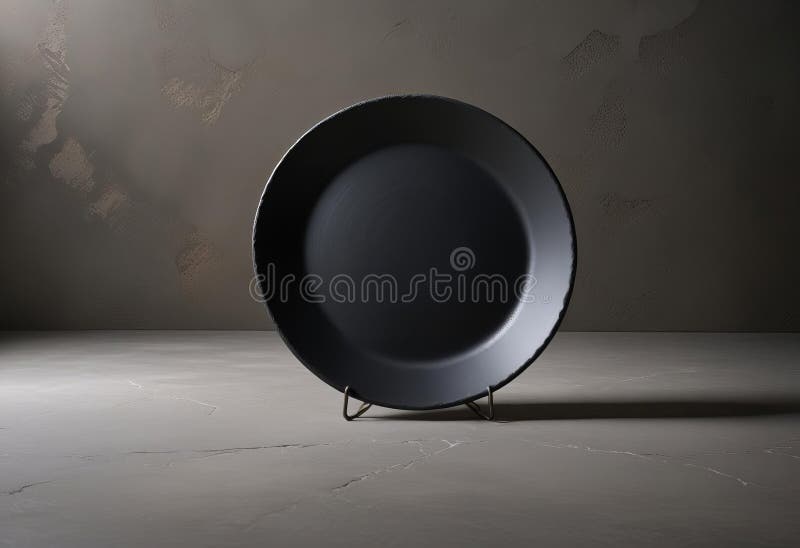 A Single Black, Ceramic Plate Standing on a Textured, Rough Concrete ...
