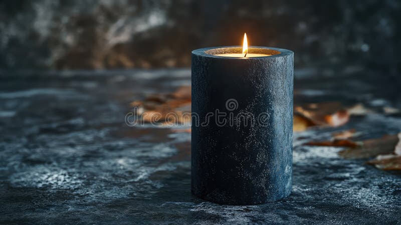 Single Black Cylindrical Candle with Lit Wick Casting Soft Glow and ...