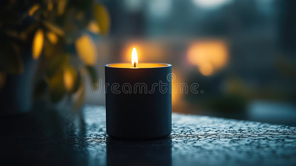Single Black Cylindrical Candle with Lit Wick Casting Soft Glow and ...