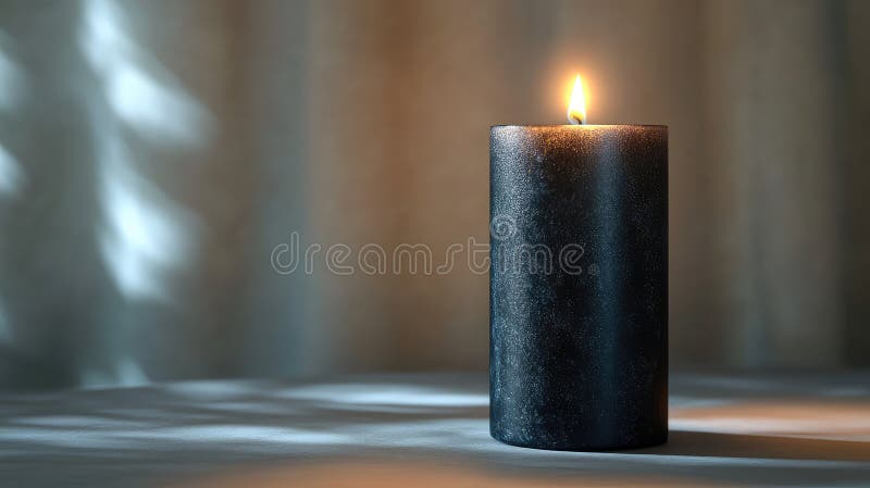 Single Black Cylindrical Candle with Lit Wick Casting Soft Glow and ...
