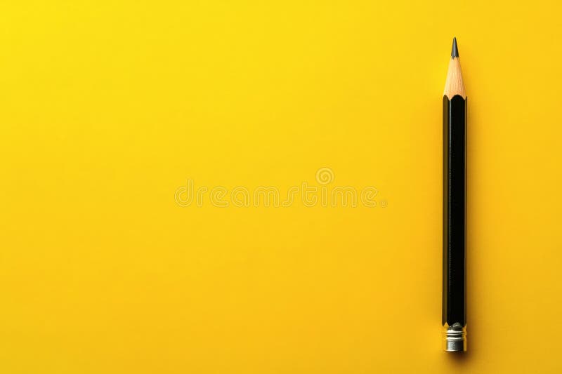 Single Black Pencil with Sharp Point Laying on a Bright Yellow ...