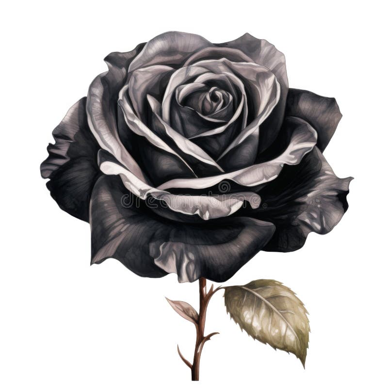 A Single Black Rose with a Brown Stem and One Leaf Stock Photo ...