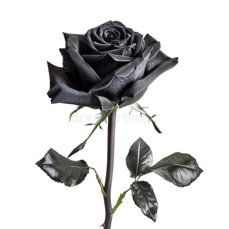 A Single Black Rose with a Dark Stem and Leaves Stock Image ...