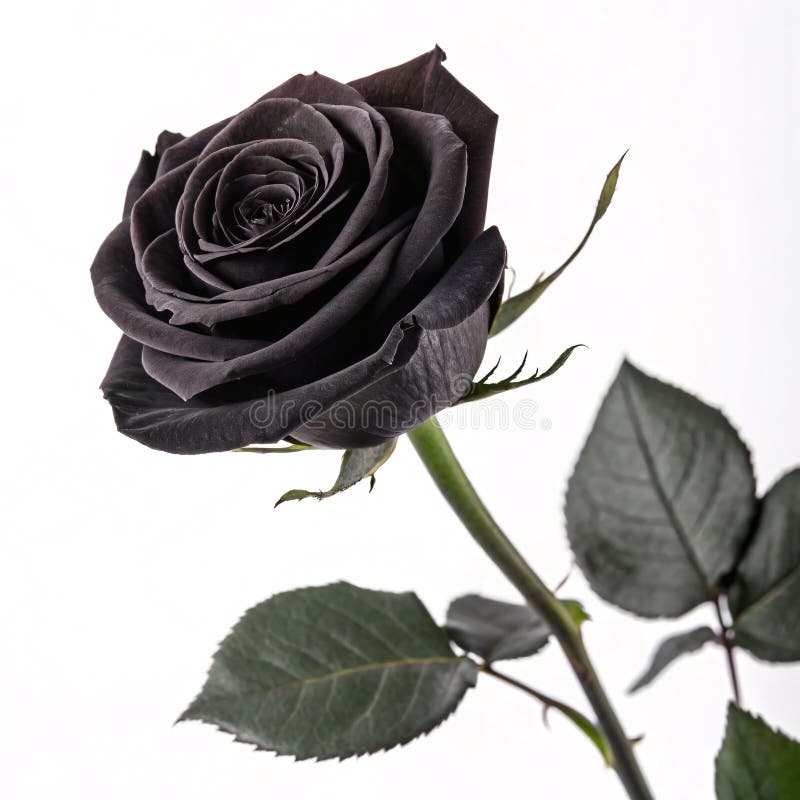 Single Black Rose on a Stem with Leaves on a White Background Stock ...
