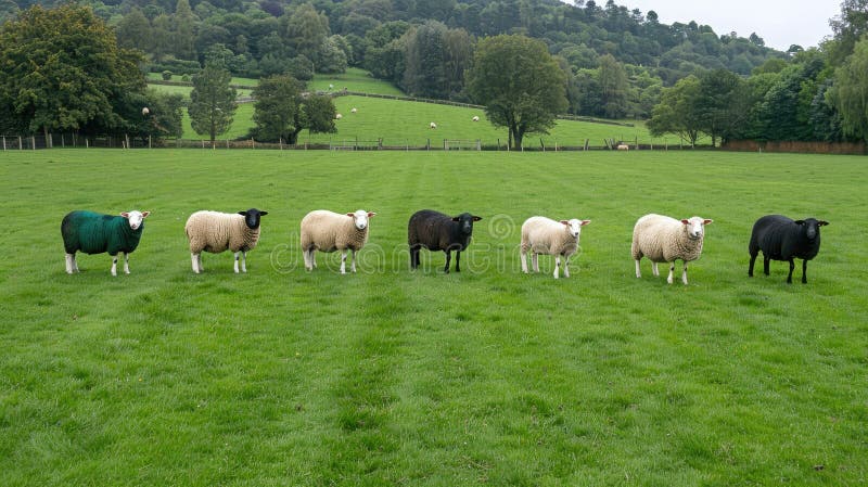 A Single Black Sheep Stands Out from a Group of White Sheep in a Grassy ... A Single Black Sheep Stands Out from a Group of White Sheep in a Grassy ...