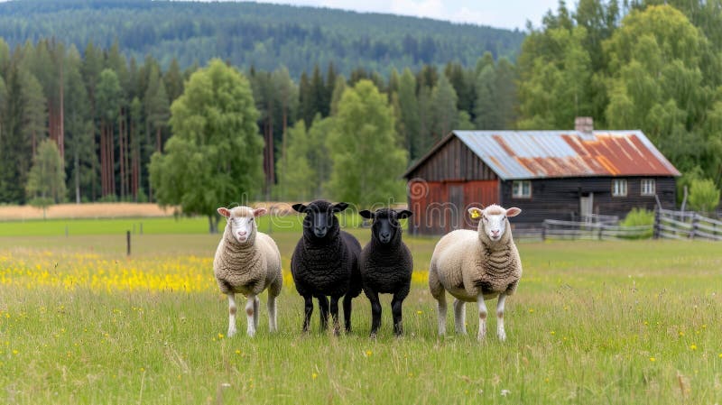 A Single Black Sheep Stands Out from a Group of White Sheep in a Grassy ... A Single Black Sheep Stands Out from a Group of White Sheep in a Grassy ...