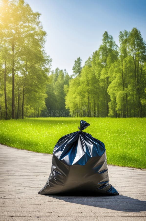 Single Black Trash Bag on Park Emphasizing Environmental Responsibility ...