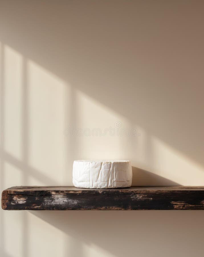 Single Block of Cheese Resting on Rustic Wooden Shelf in Cozy Interior ...