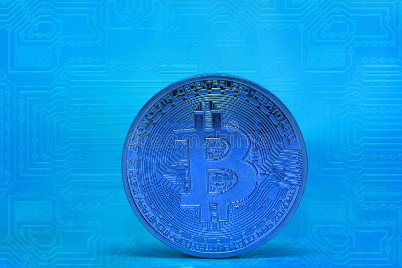Single Blue Bitcoin Coin with Blue Electrical Circuit Diagram Stock ...