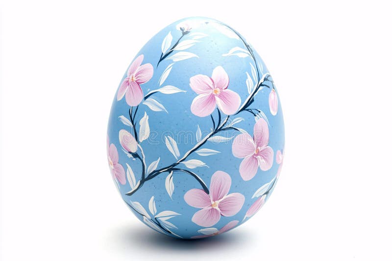Single Blue Easter Egg Painted with Beautiful Pink Flowers on White ...