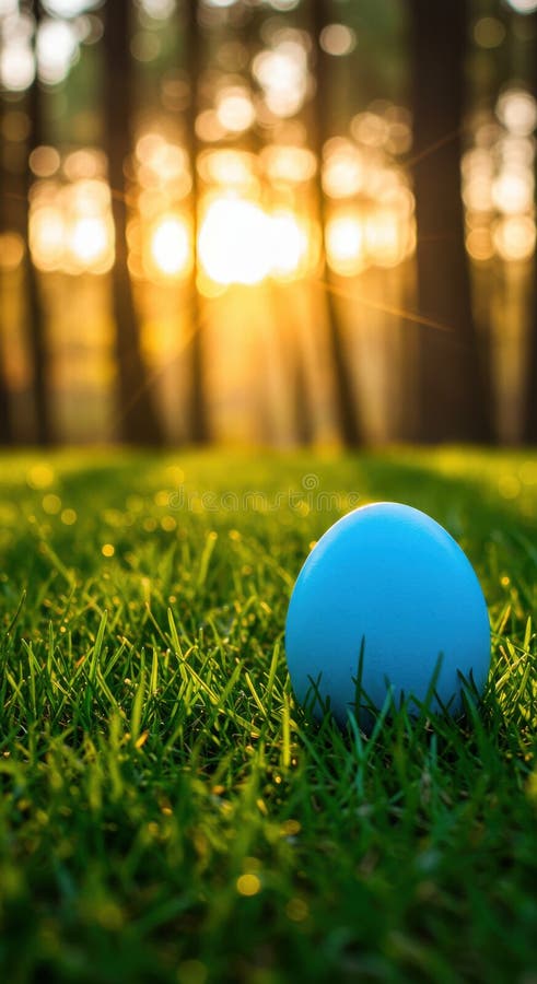 Single Blue Egg in Grass, Sunny Forest Background, Easter Theme Stock ...