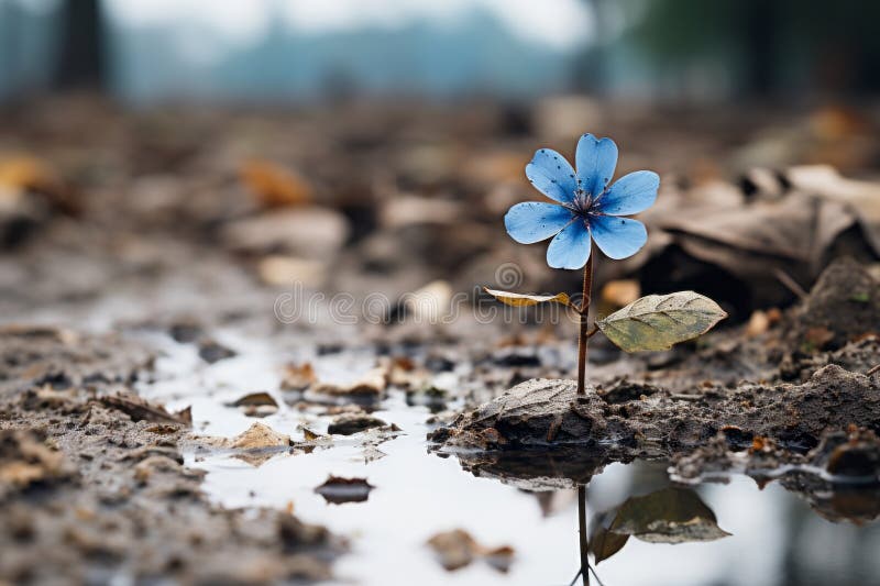 A Single Blue Flower Growing in a Puddle of Water Stock Illustration ...