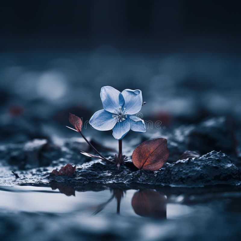 A Single Blue Flower Sits on the Ground in a Puddle of Water Stock ...