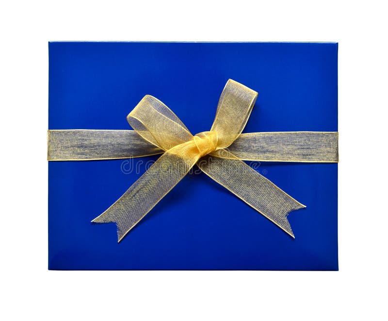Single Blue Gift Box with Gold Ribbon and Bow Stock Image - Image of ...