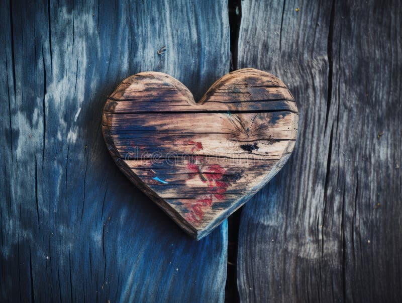Single Blue Heart Placed on a Rustic Wooden Surface, Creating a ...