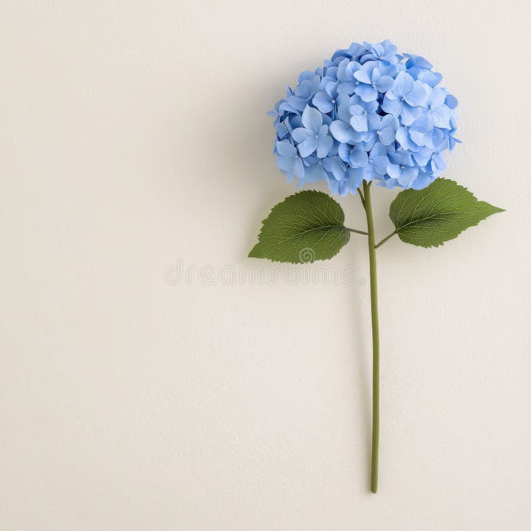Single Blue Hydrangea Bloom with Green Leaves on Wall Stock ...