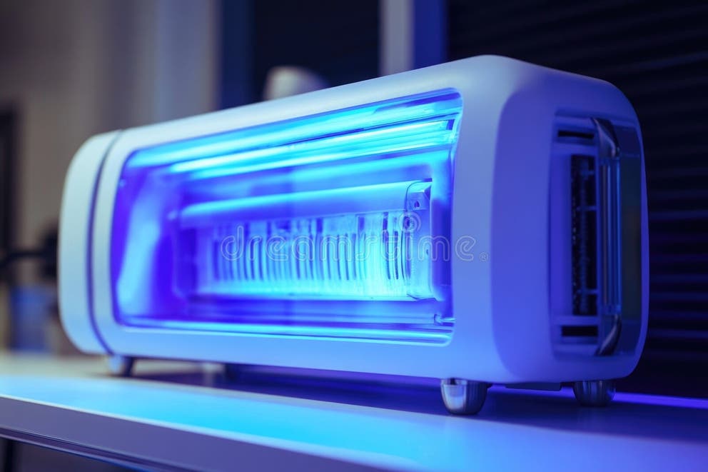 A Single Blue Light Sits Atop a Clean White Shelf, Ready for Use Stock ...