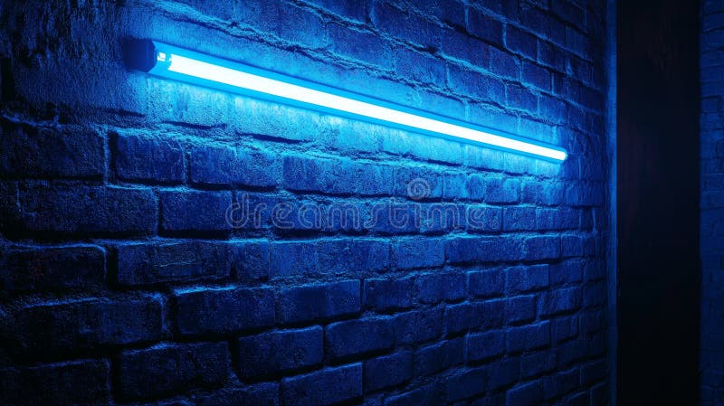 A Single Blue Neon Light Illuminates a Brick Wall Creating a Minimalist ...