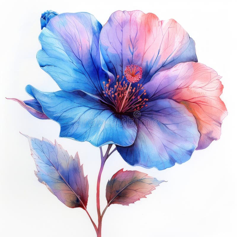 A Single Blue and Pink Flower with Green Leaves, Isolated on a White ...