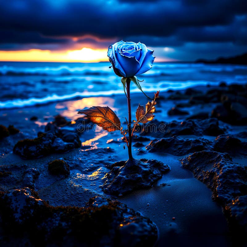 A Single Blue Rose Sitting on Top of a Rock on the Beach Stock Photo ...