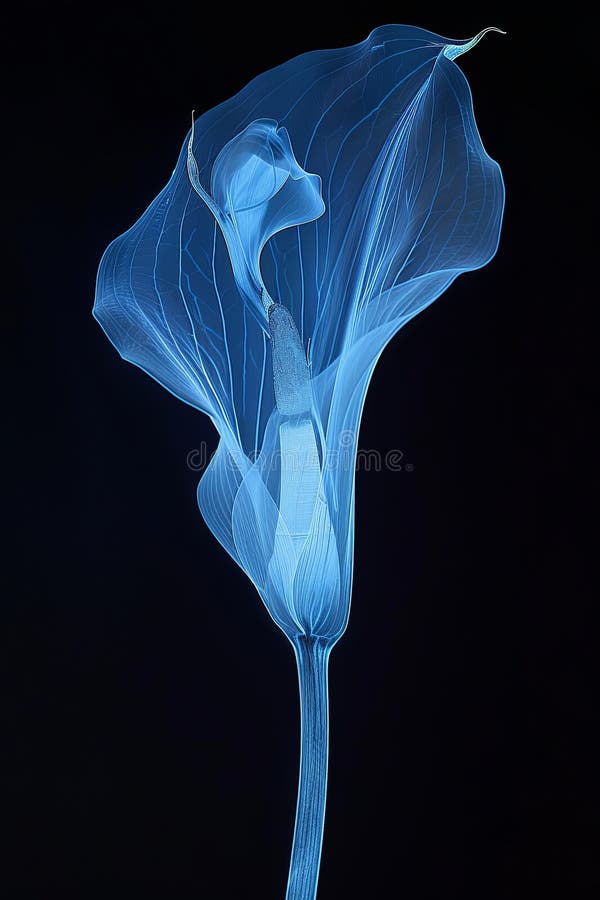 A Single Blue Translucent Flower with Veins Against a Black Background ...