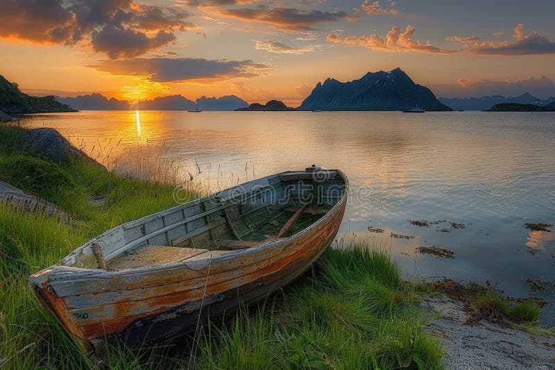 A Single Boat Sits Atop a Lush Green Field, Surrounded by Nature Stock ...