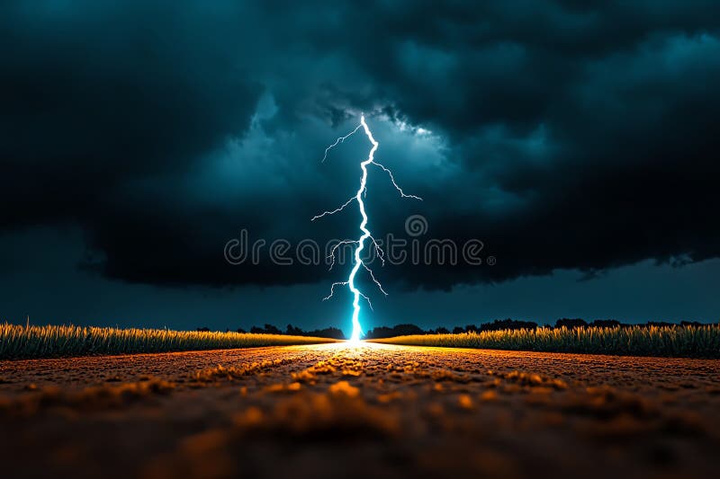 A Single Bolt of Lightning Strikes a Rural Field during a Stormy Night ...