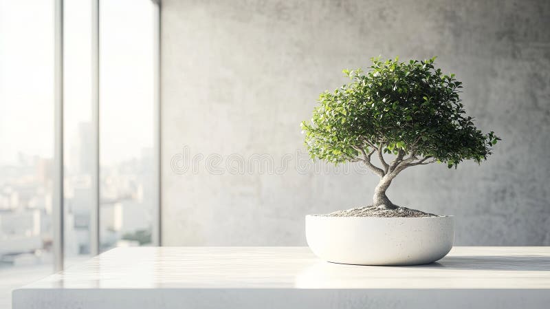 A Single Bonsai Tree Styled on a Clean White Table in a Modern Room ...