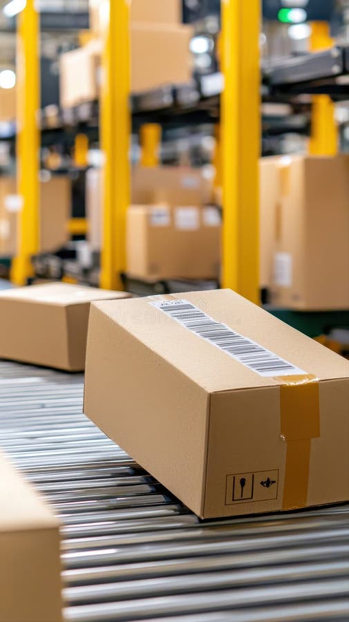 Single Box Positioned on a Conveyor Belt in a Warehouse for Automated ...